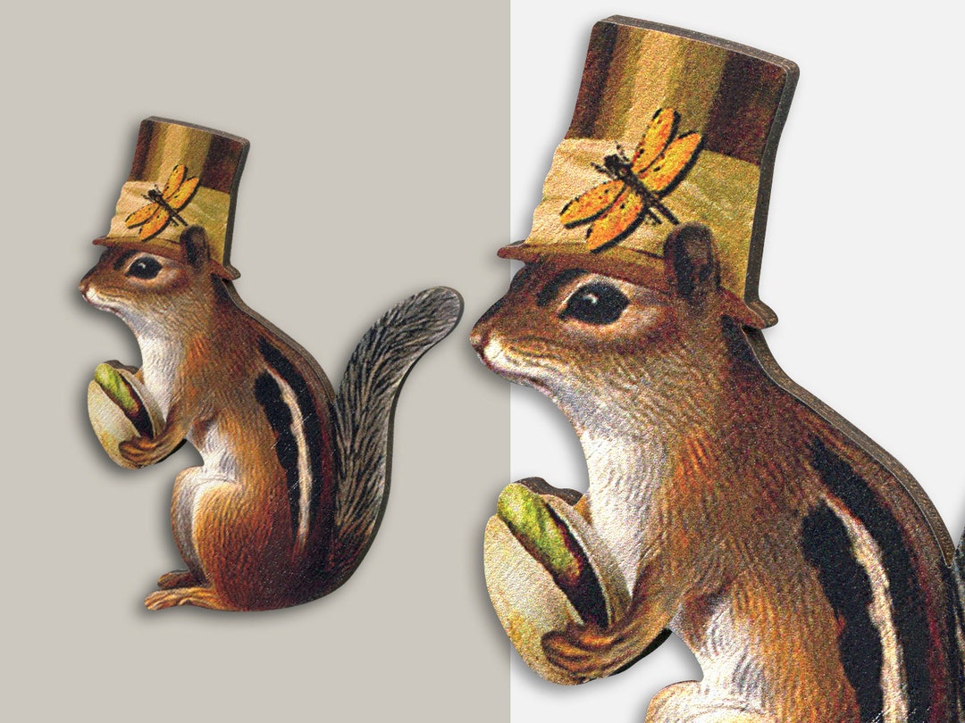 OMEGA-3 ++ Whimsical Wooden Brooch Chipmunk Moth Cylinder Hat Vintage ...