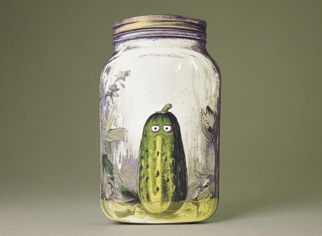 THE LAST PICKLE ++ Whimsical Wooden Brooch Pin Comic Style Sad Cucumber ...