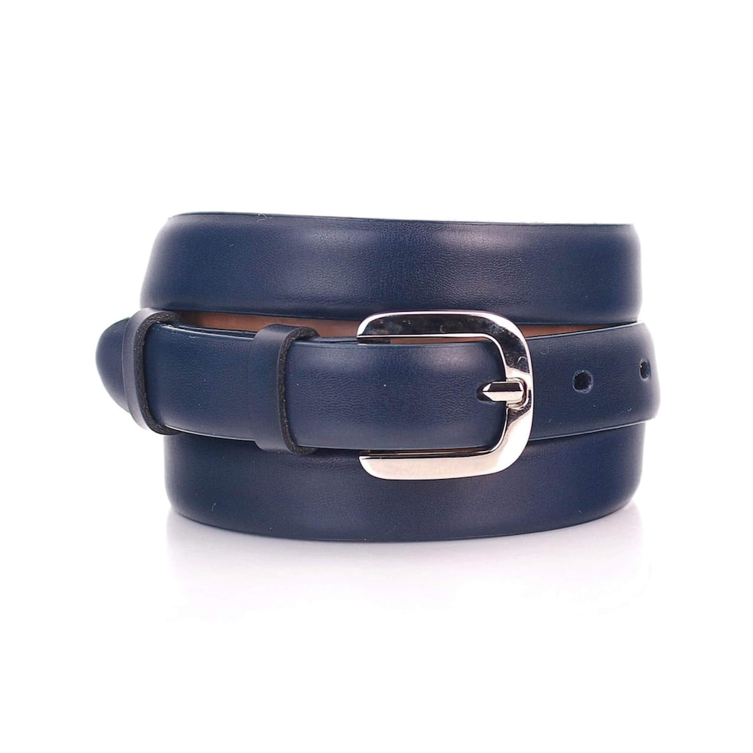 Thin Lady Navy Blue Leather Belt for Dress Silver Belt Buckle Leather ...