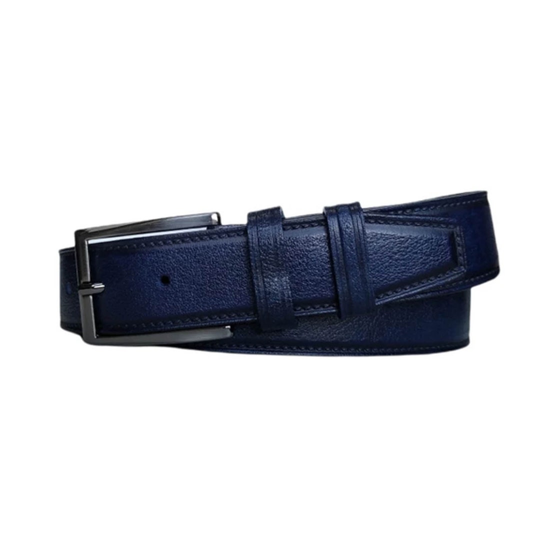 Gents Belt Blue Stitched Calf Leather Dressing Belts for Men Genuine ...