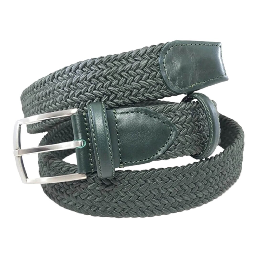 Green Mens Stretchy Belt Cotton Leather Elastic Woven Belt Braided ...