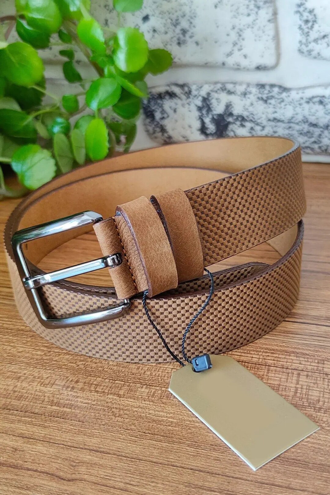 Light Brown Mens Casual Belt With Checkered Texture Leather Genuine ...