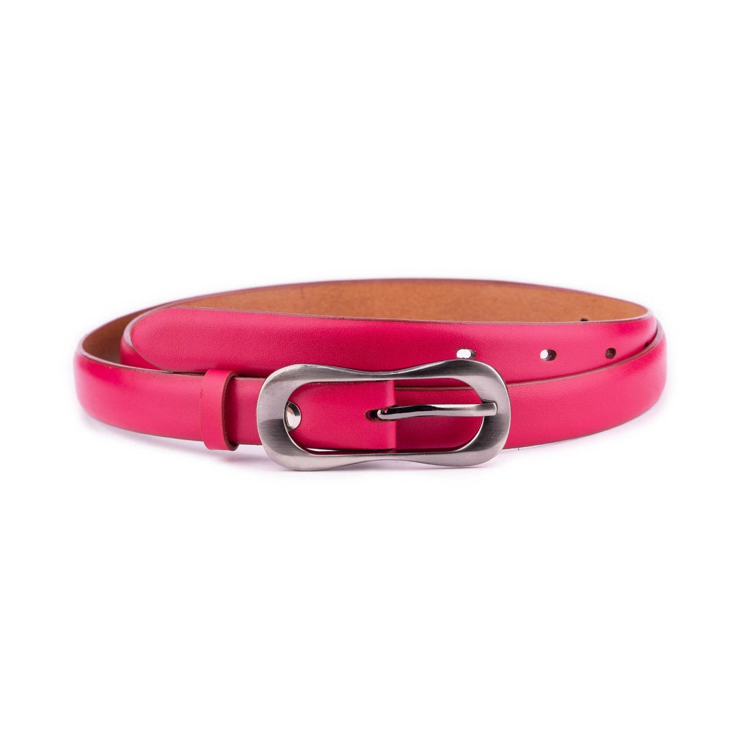 Thin Women Pink Belt for Dress Genuine Leather Silver Belt Buckle ...