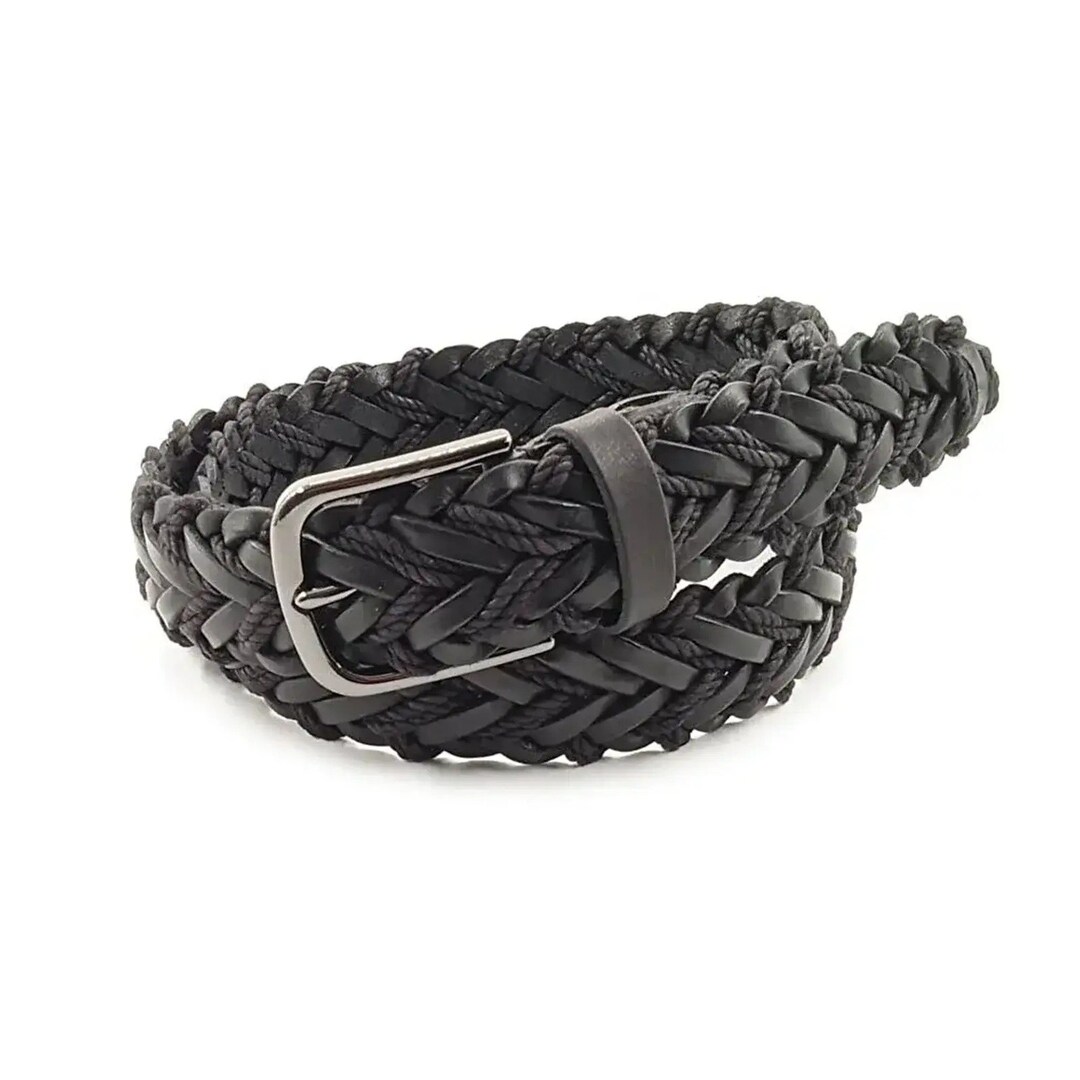 Braided Gents Belt Black Genuine Leather Elastic Belt Stretchy Mens ...