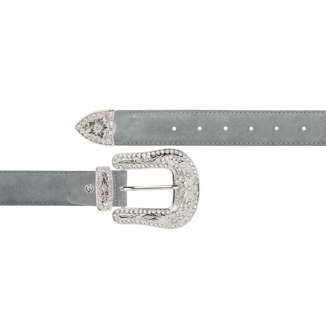Cowgirl Lady Western Belt Grey Suede With Rhinestone Buckle Womens Real ...