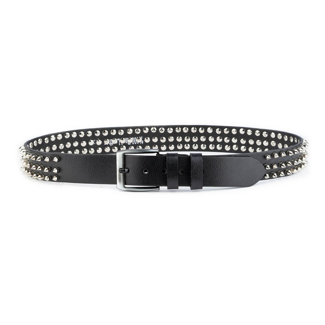 3 Row Spiky Belt Silver Spike Rivet Black Real Leather Studded Mens ...