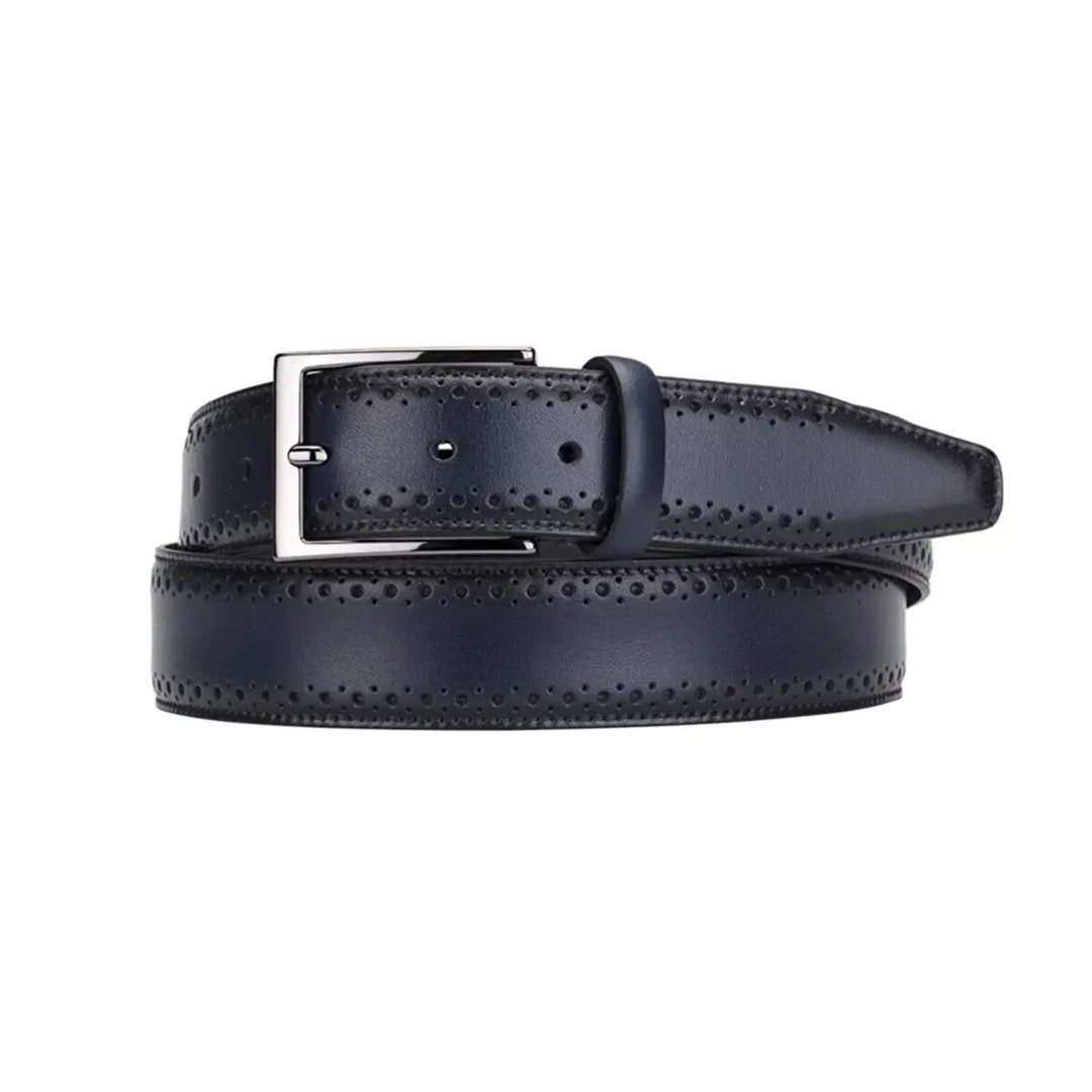 Luxury Brogue Gents Dressing Belt Dark Blue Leather Mens Suit Belt With ...