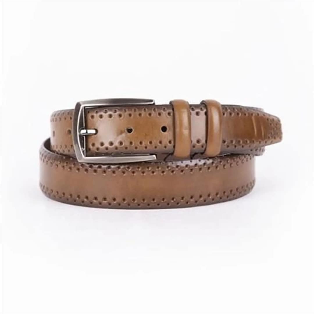 Light Brown Mens Belt Dress Dotted Calf Leather With Silver Buckle Real ...