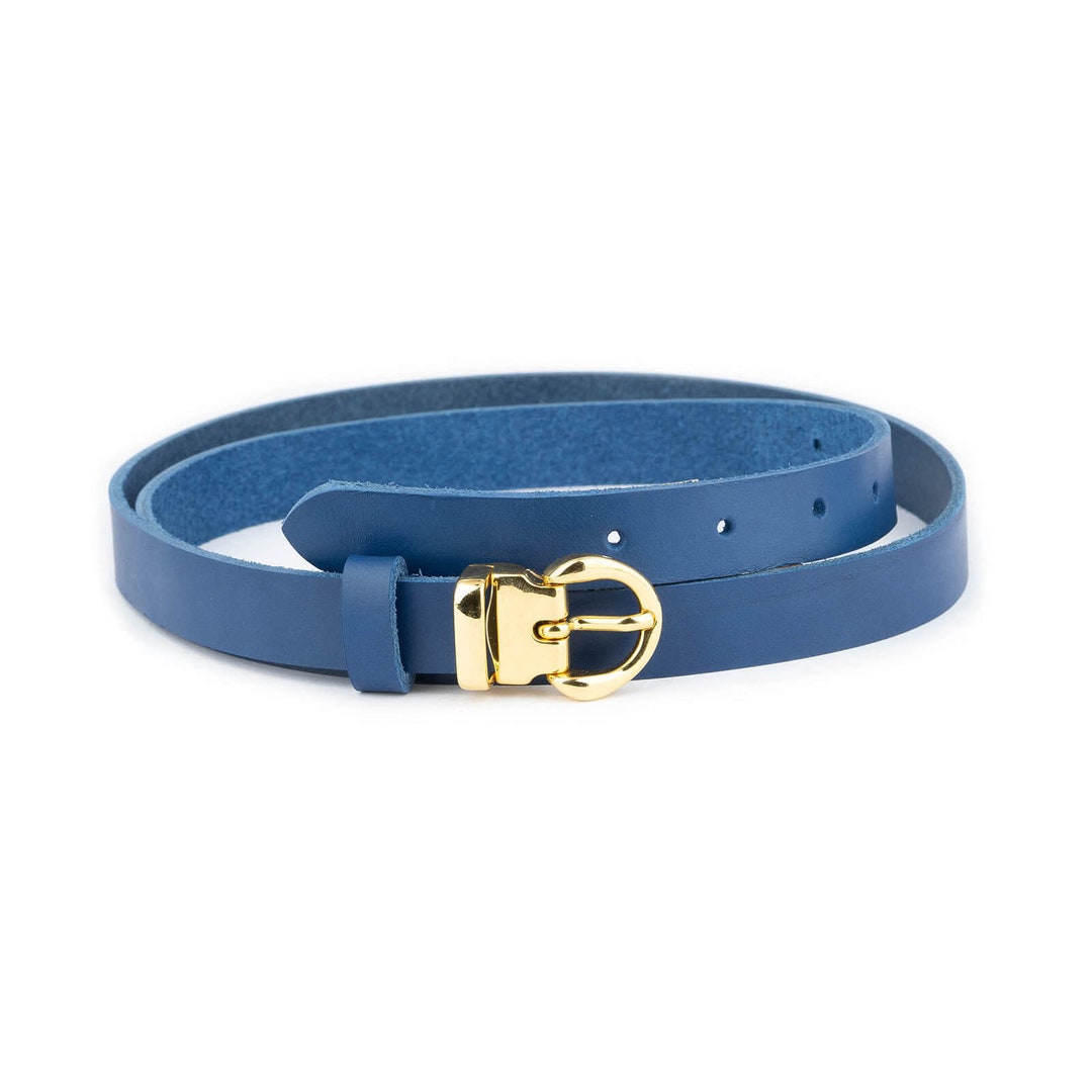 Ladies Royal Blue Leather Belt With Gold Buckle Thin 2.0 Cm Women ...
