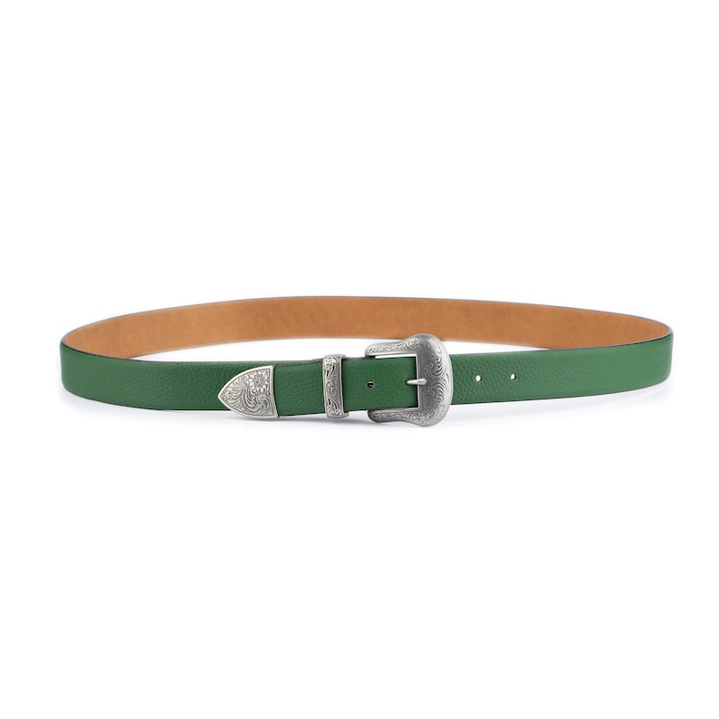 Mens Western Green Leather Belt With Silver Buckle Cowboy Pebbled ...