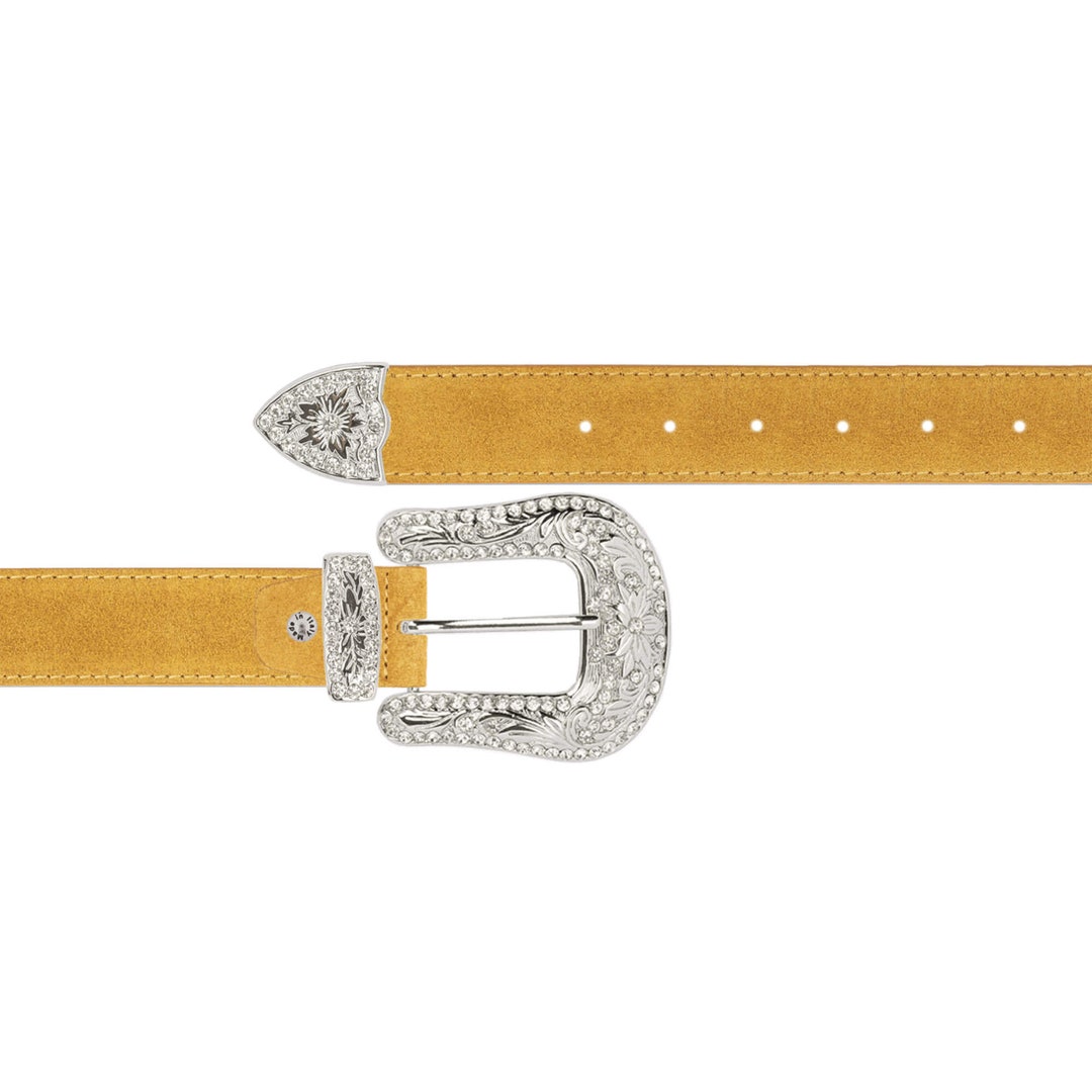 Women Camel Suede Designer Belt With Rhinestone Buckle Cowgirl Real ...