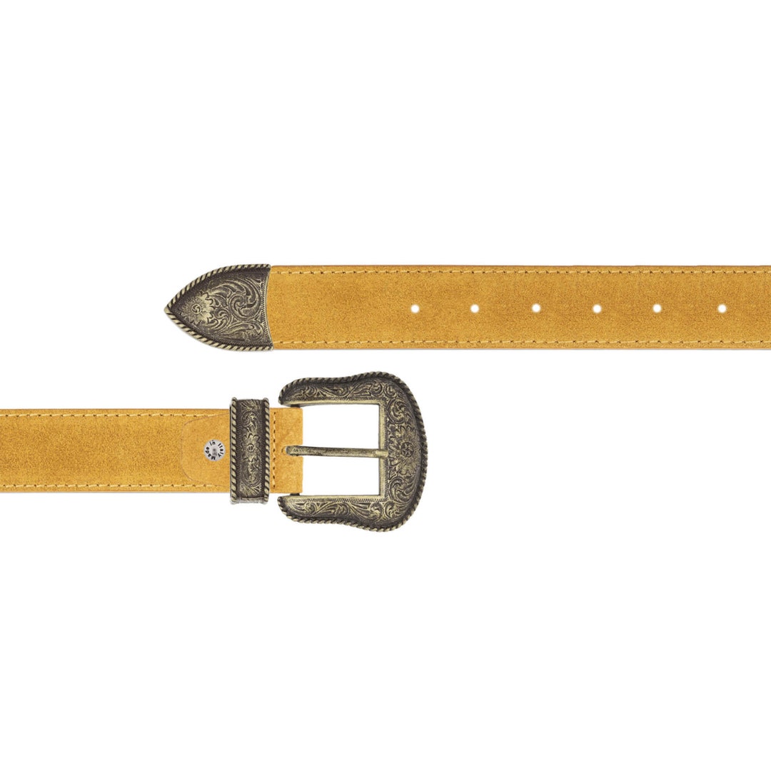 Men's Camel Suede Cowboy Western Belt With Antique Gold Buckle Real ...