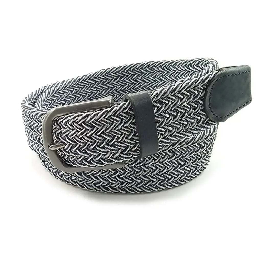 Black White Mens Stretchy Belt Woven Cotton Elastic Belt Braided Gents ...