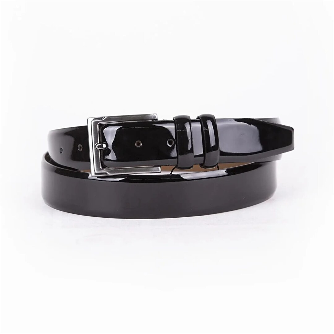 Black Mens Belt for Suit Patent Leather With Silver Buckle Genuine ...