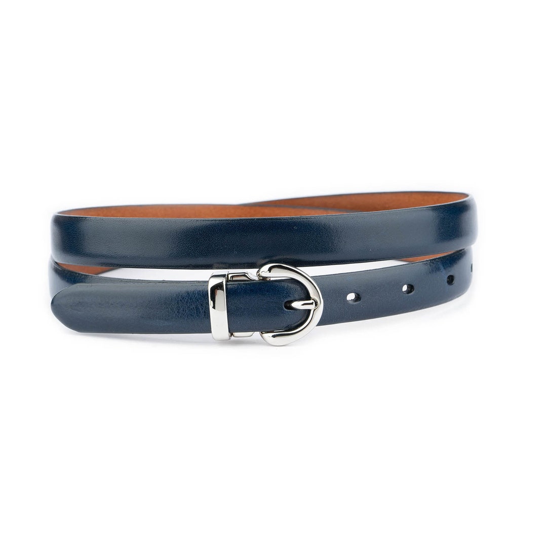 Elegant Navy Blue Womens Belt With Silver Buckle Ladies Thin Genuine ...