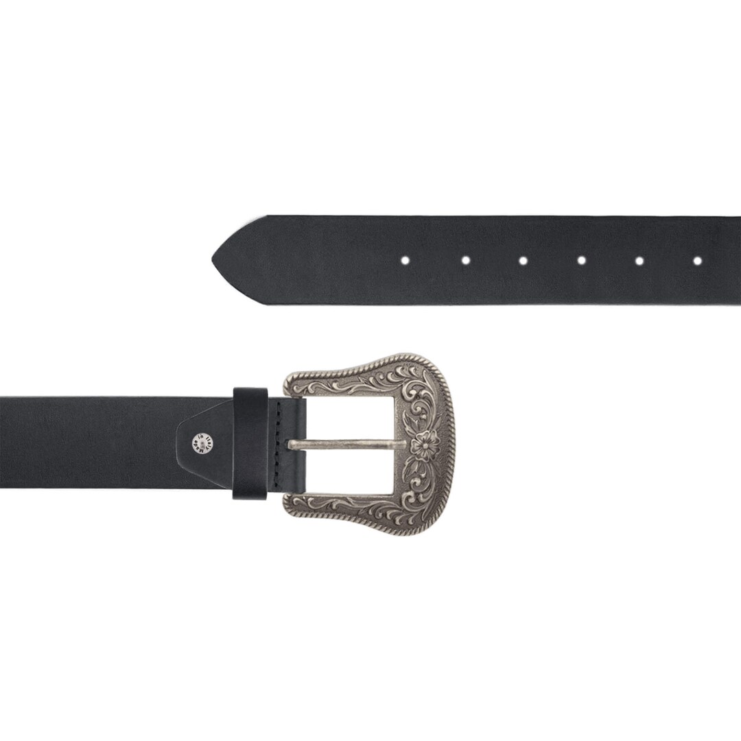 Men Black Leather Wide Western Belts With Floral Buckle Cowboy Genuine ...