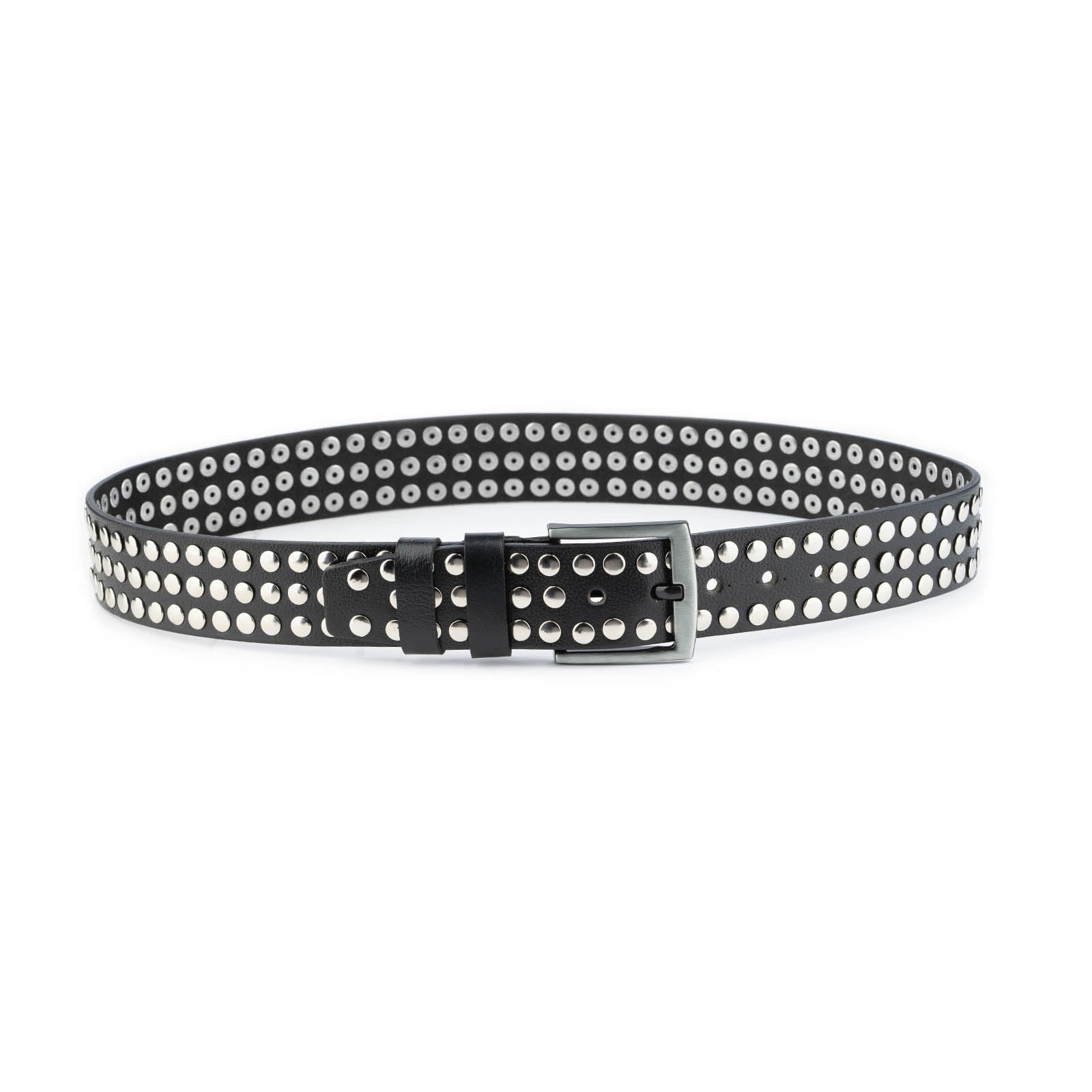 Emo Studded Belt Black Real Leather 3 Row Silver Rivets Mens Emo Studded Belt Black Real Leather 3 Row Silver Rivets Mens