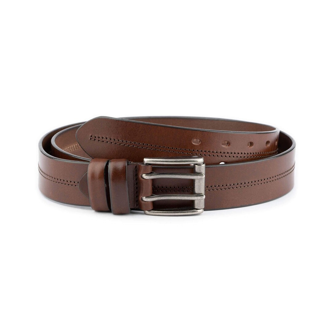 Mens Double Prong Belt Brown Leather Wide Casual Stitched Genuine ...