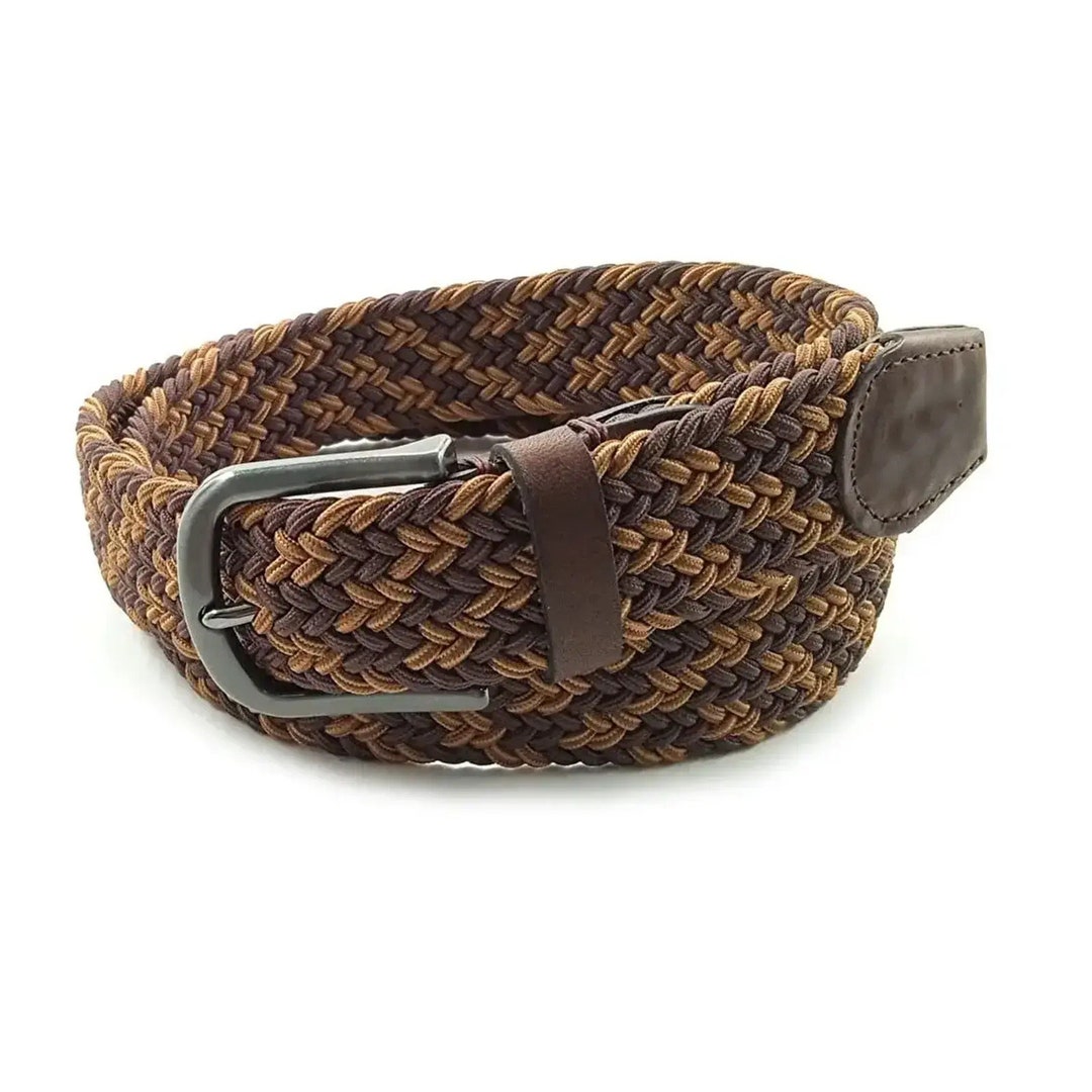 Tan Dark Brown Mens Stretchy Belt Woven Cotton Elastic Belt Braided ...