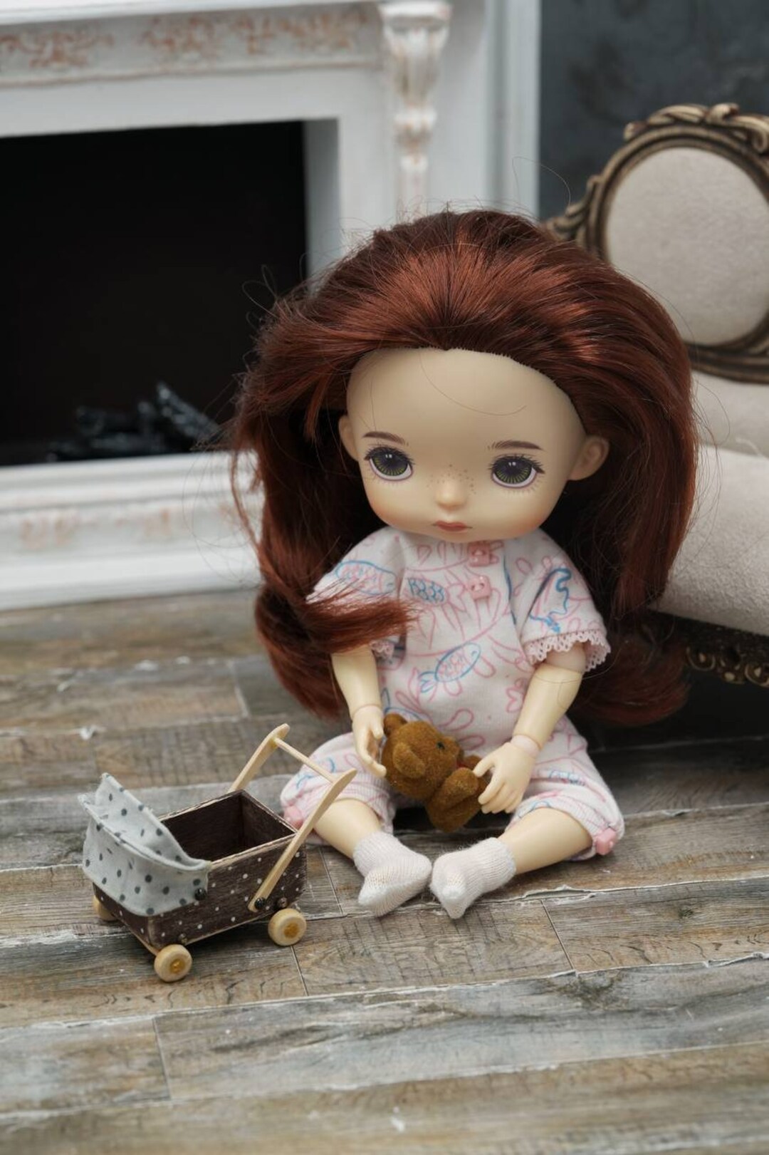 Adorable Pink Doll Pajama Set With Fish Prints, Buttons, and Lace ...