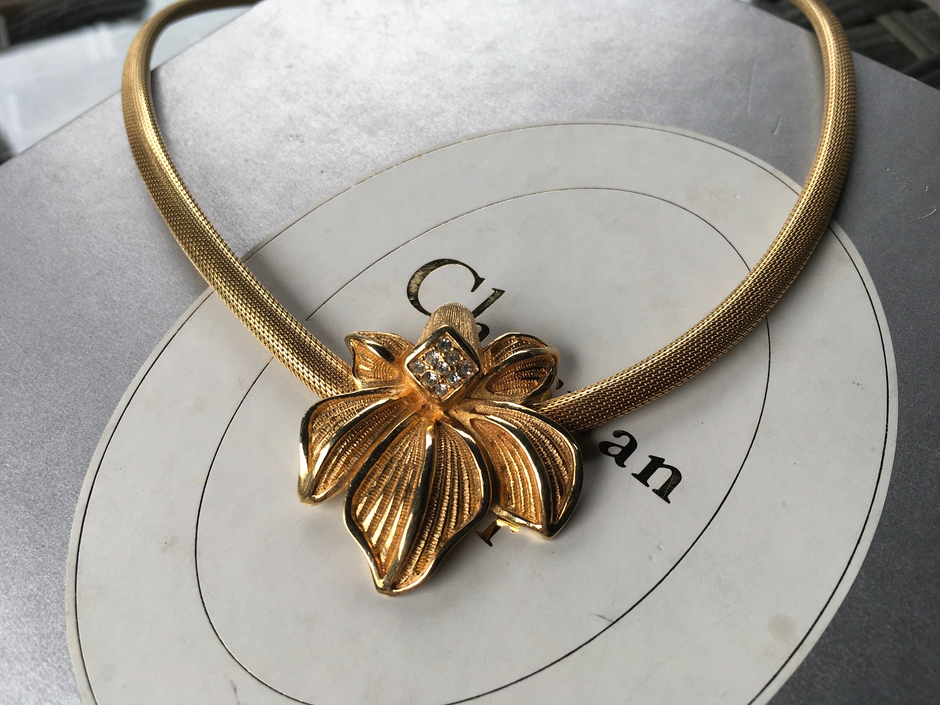 Vintage Christian Dior Goldtone Diamante Floral Orchid Lily Necklace Fully Signed Woven Gold Choker Necklace Beautiful Condition Designer Etsy