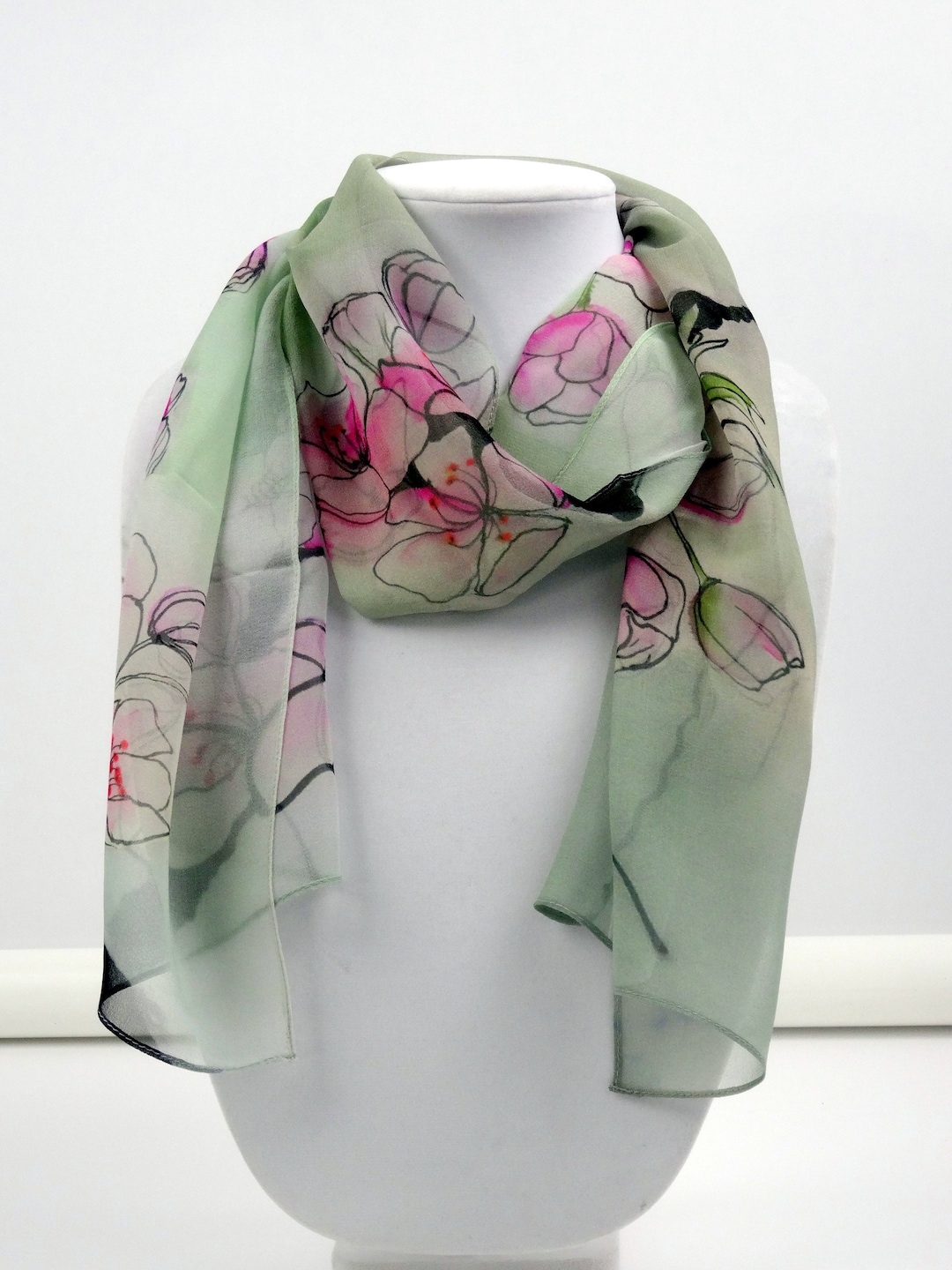 Cherry Blossom Silk Scarf- Japan Scarf - Spring Silk Scarf - Mint Green ...