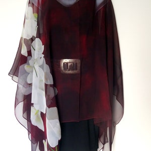 Red Silk Caftan - Burgundy Silk Poncho - Silk Cover up - Floral Sheer ...