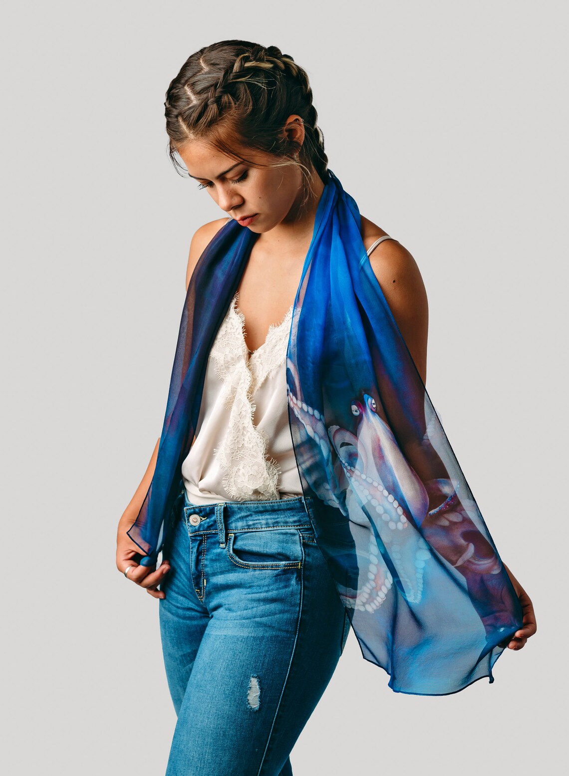 Blue Silk Scarf Octopus Scarf Holiday Gift Sheer Scarf | Etsy