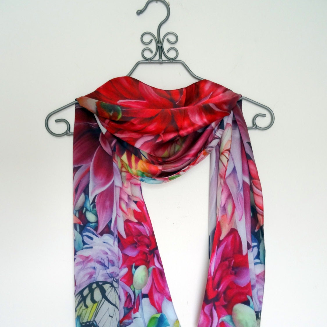 Floral Fall Silk Scarf - Holiday Scarf - Dahlia Silk Scarf - Gift for ...