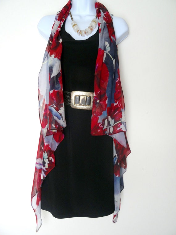 Red Floral Sleeveless Duster Dragonfly Art Vest Silk Vest | Etsy