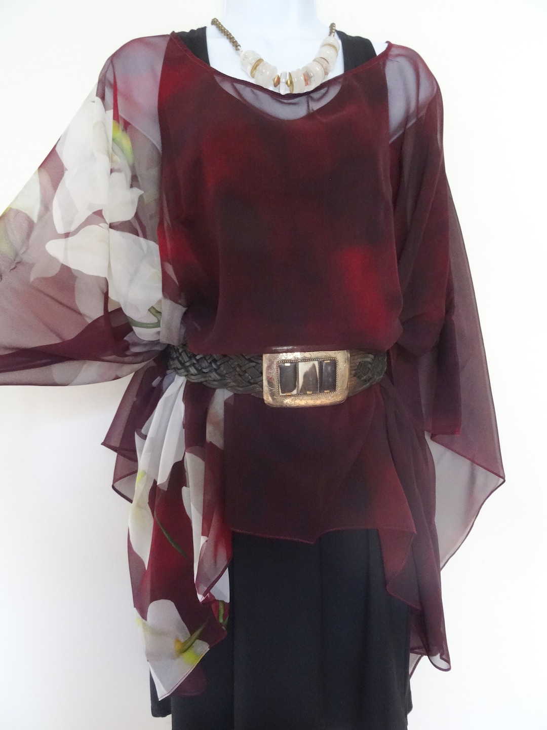 Red Silk Caftan - Burgundy Silk Poncho - Silk Cover up - Floral Sheer ...