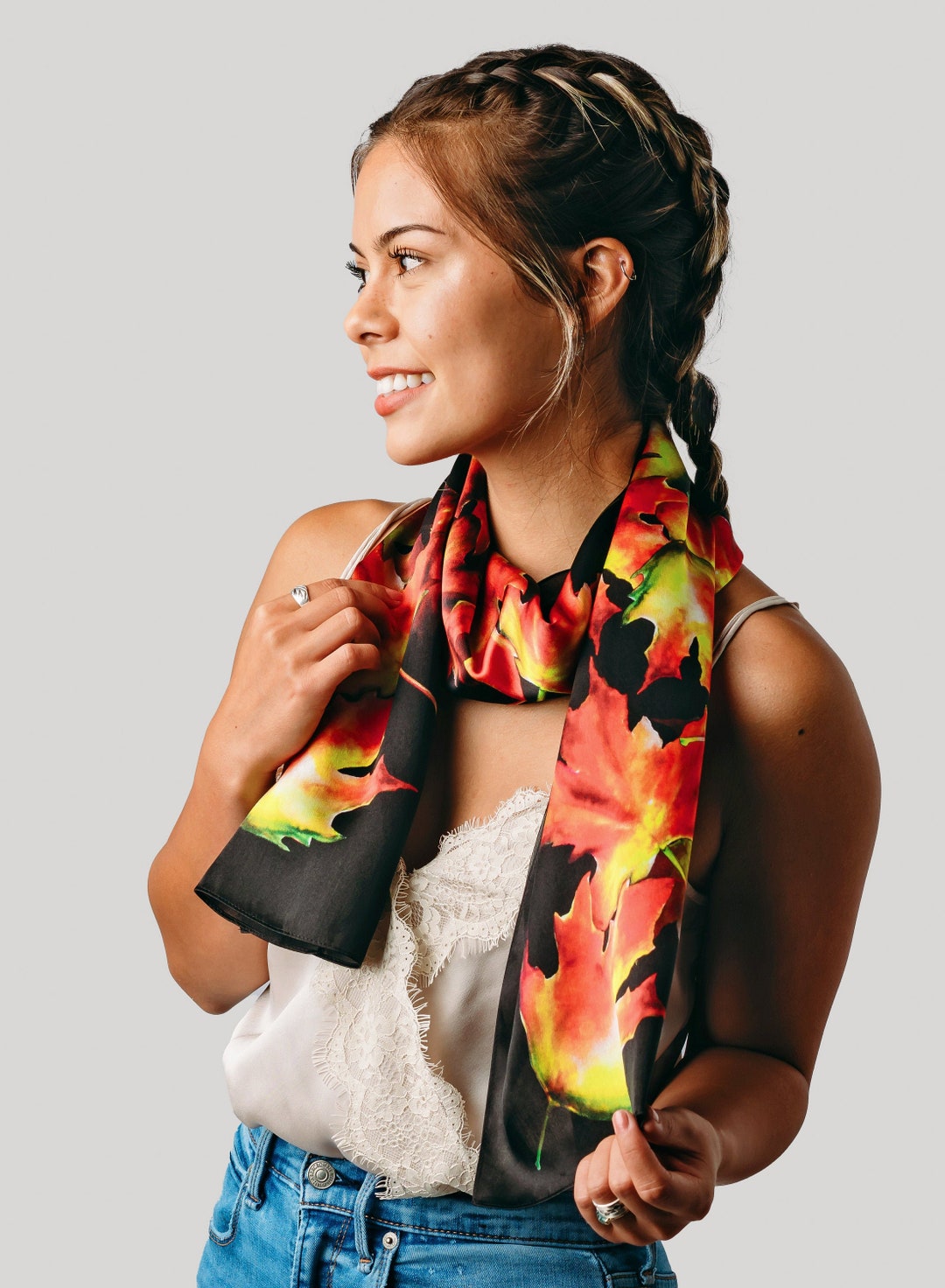 Maple Leaf Silk Scarf - Fall Silk Scarf - Gift for Her - Orange Black ...