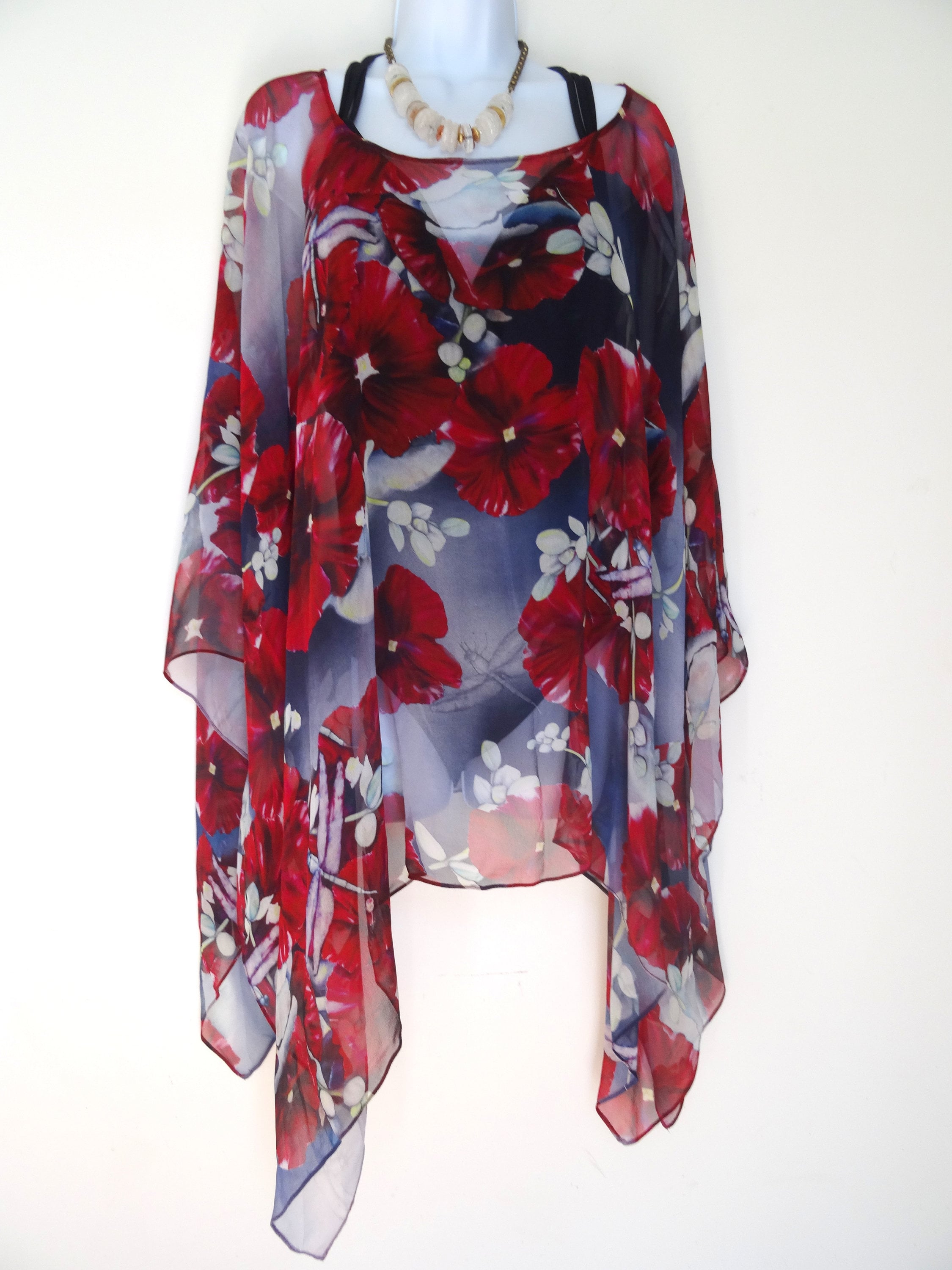 Red Silk Caftan - Kaftan - Red Silk Poncho - Silk Cover up - Sheer ...