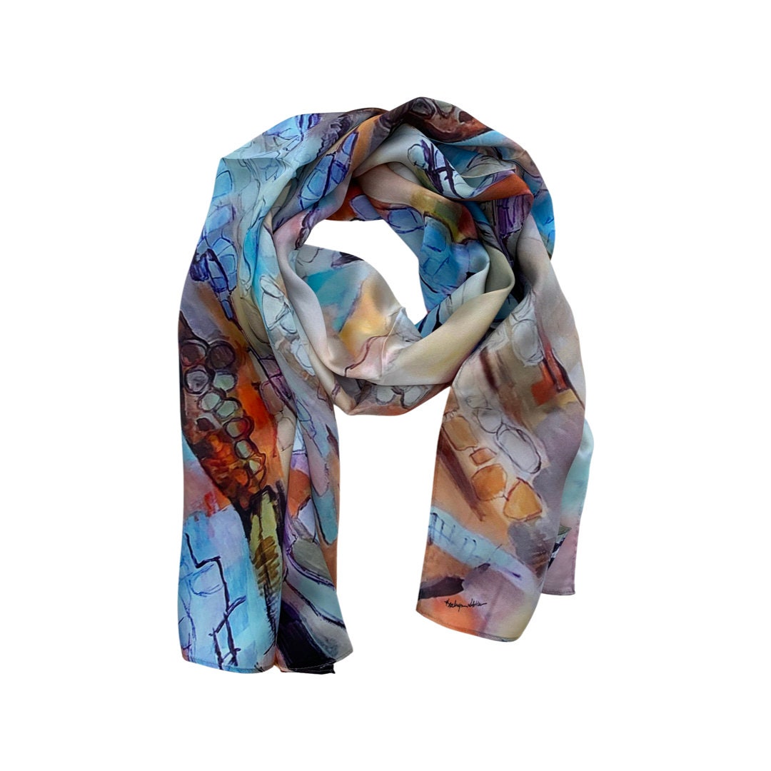 Abstract Silk Scarf - Spring Scarf - Gift for Her - Blue Orange Silk ...