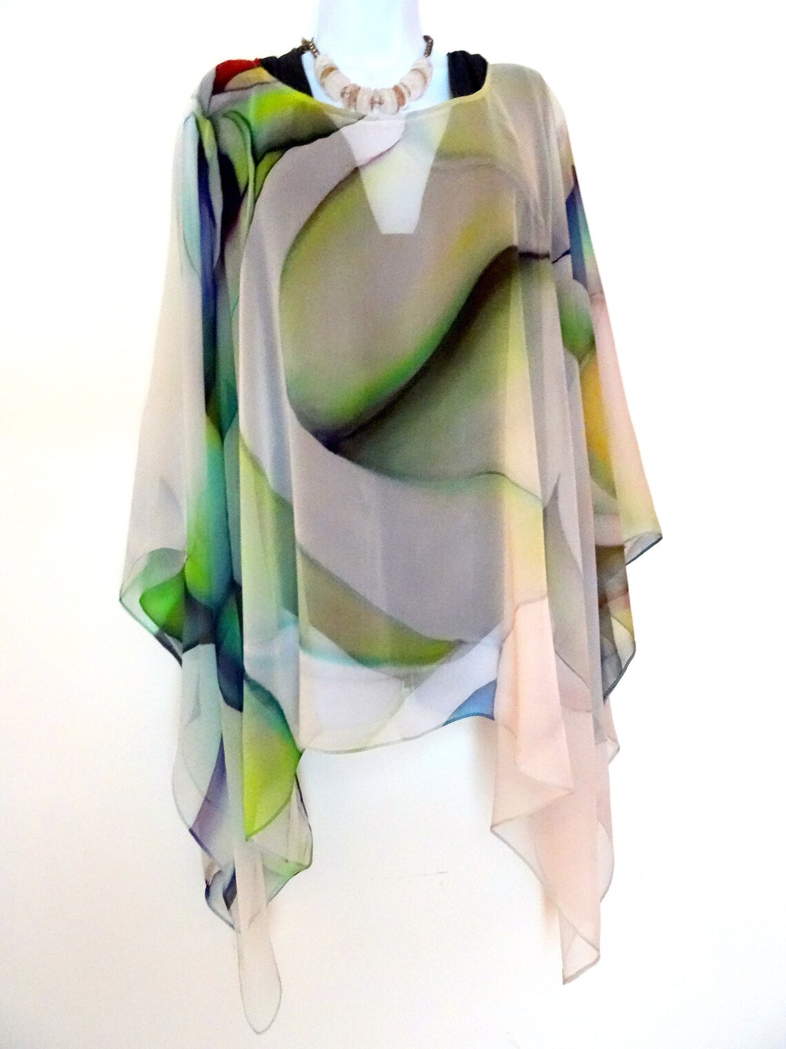 Unique Abstract Caftan - Sheer Silk Coverup - Travel Silk Poncho ...