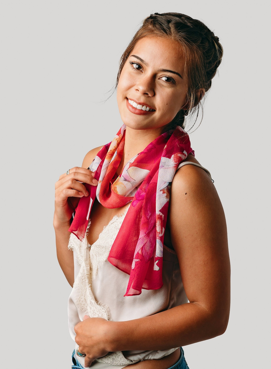 Pink Floral Silk Scarf - Spring Scarf - Butterfly Scarf - Lotus Scarf ...