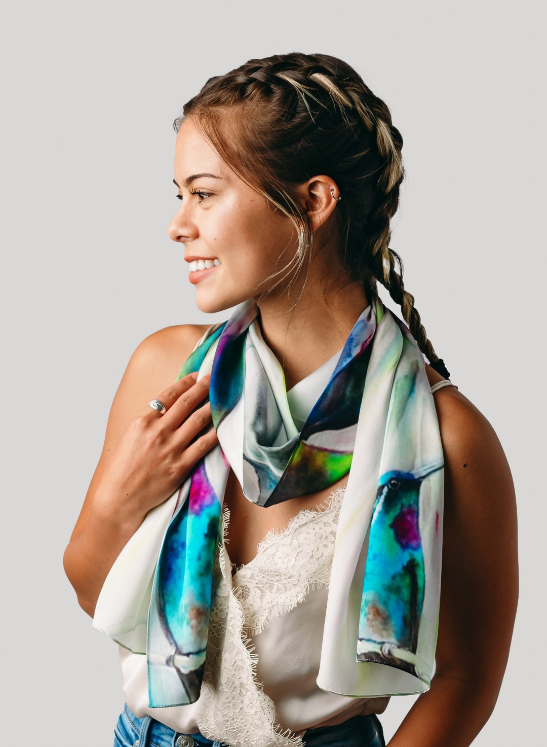 Hummingbird Silk Scarf - Floral Spring Scarf - Gift for Her - Shiny ...