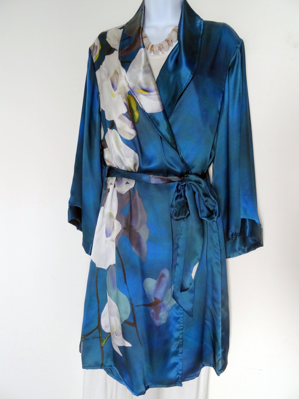 Blue Silk Robe Bridal Gift Blue Floral Silk Robe Silk | Etsy