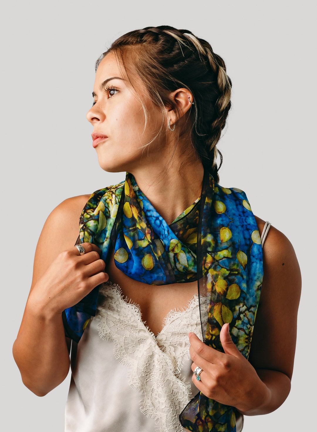 Blue Silk Scarf - Leaf Silk Scarf - Spring Scarf - Gift for Her - 15" X ...