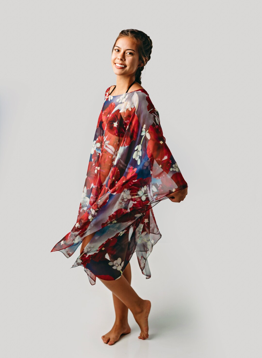 Red Silk Caftan - Kaftan - Red Silk Poncho - Silk Cover up - Sheer ...