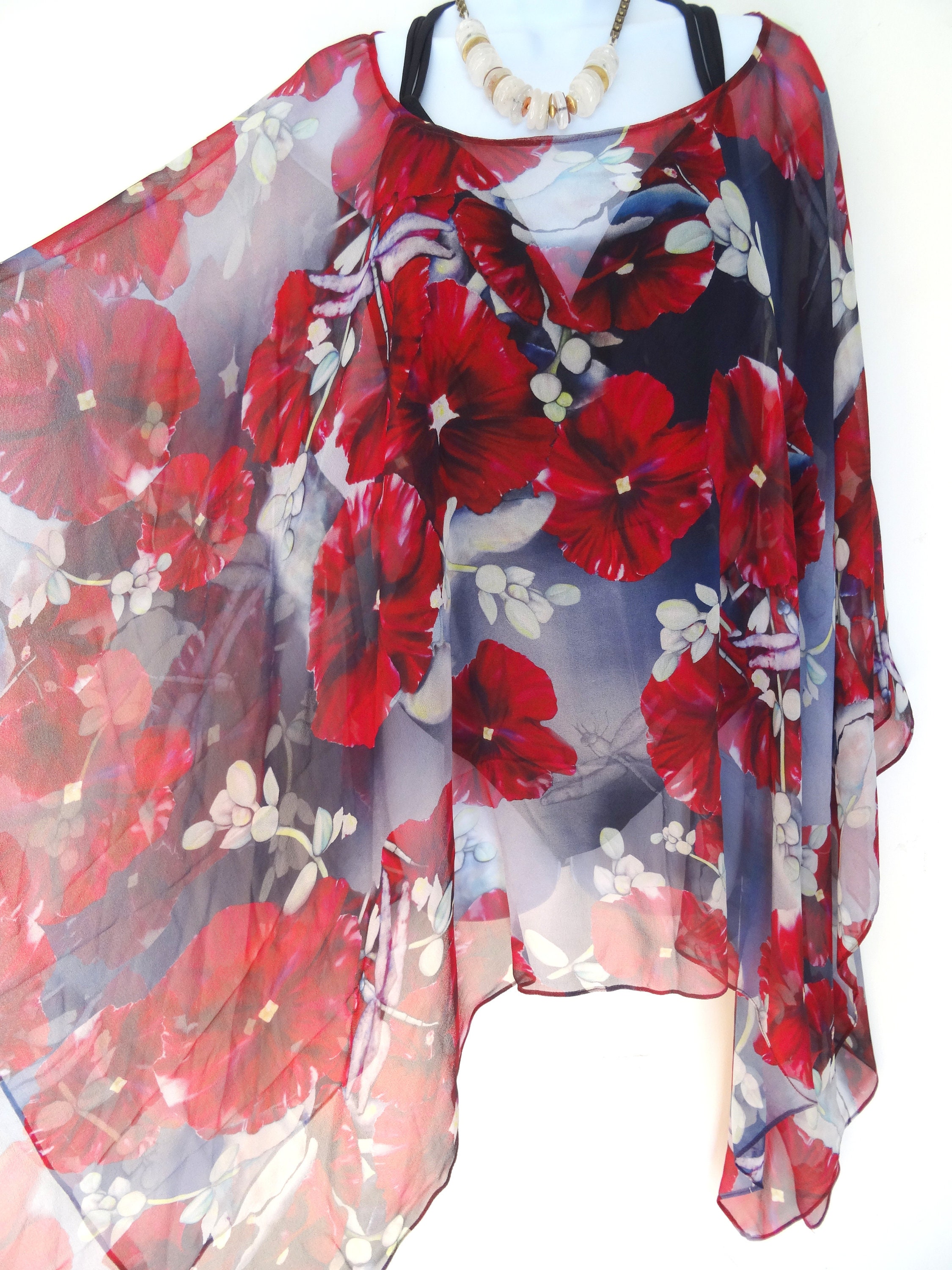 Red Silk Caftan - Kaftan - Red Silk Poncho - Silk Cover up - Sheer ...