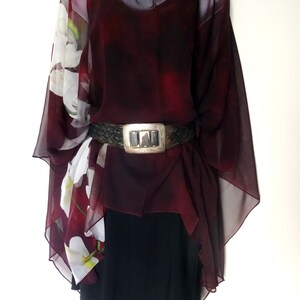 Red Silk Caftan - Burgundy Silk Poncho - Silk Cover up - Floral Sheer ...