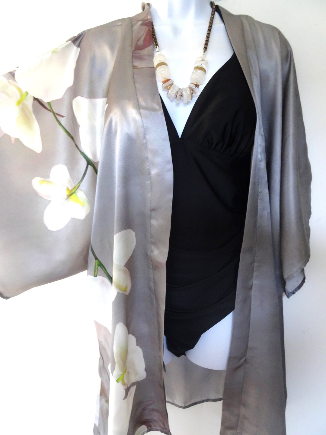 Gray Silk Kimono - Floral Gray Silk Jacket - Silk Lingerie for Her ...