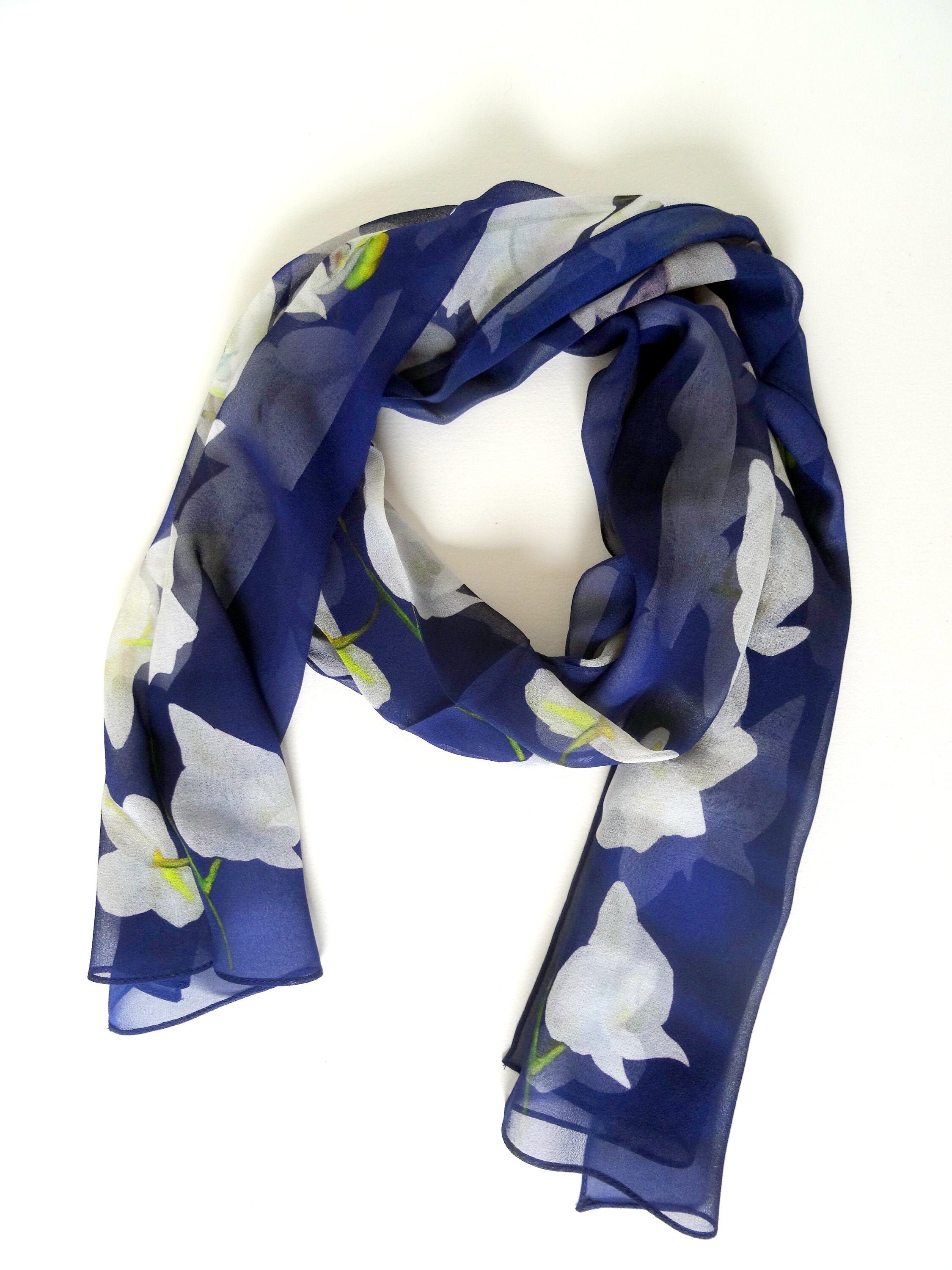 Blue Silk Scarf Floral Silk Scarf Holiday Scarf Gift for - Etsy