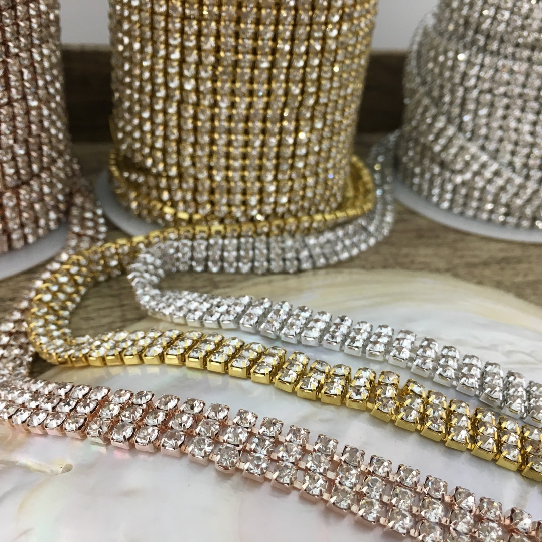 3 Row Rhinestone Chain, Rhinestone Trim, Silver Plated Chain, Gold ...