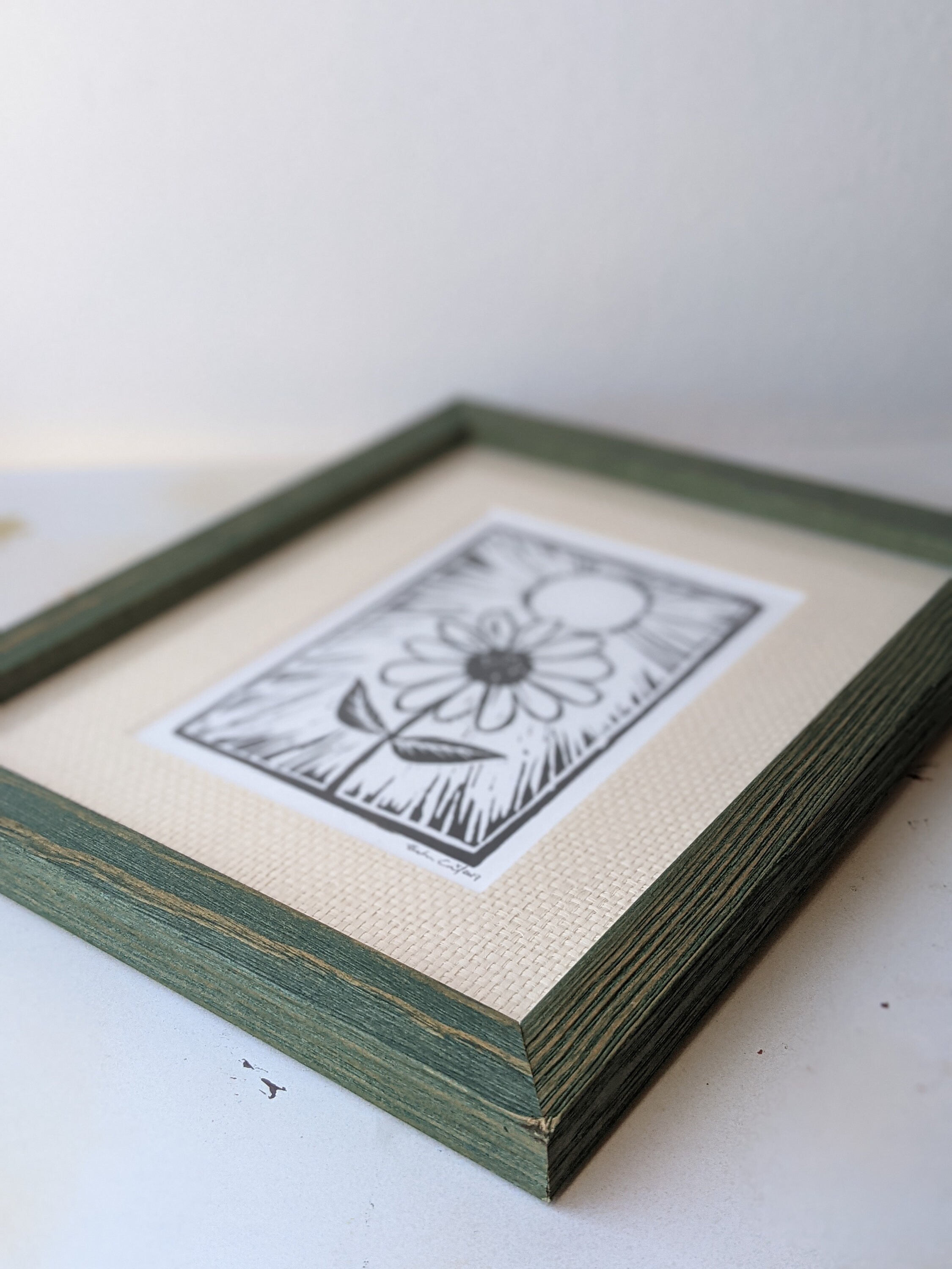 Daisy Linocut Print in Rustic Green Frame - Etsy