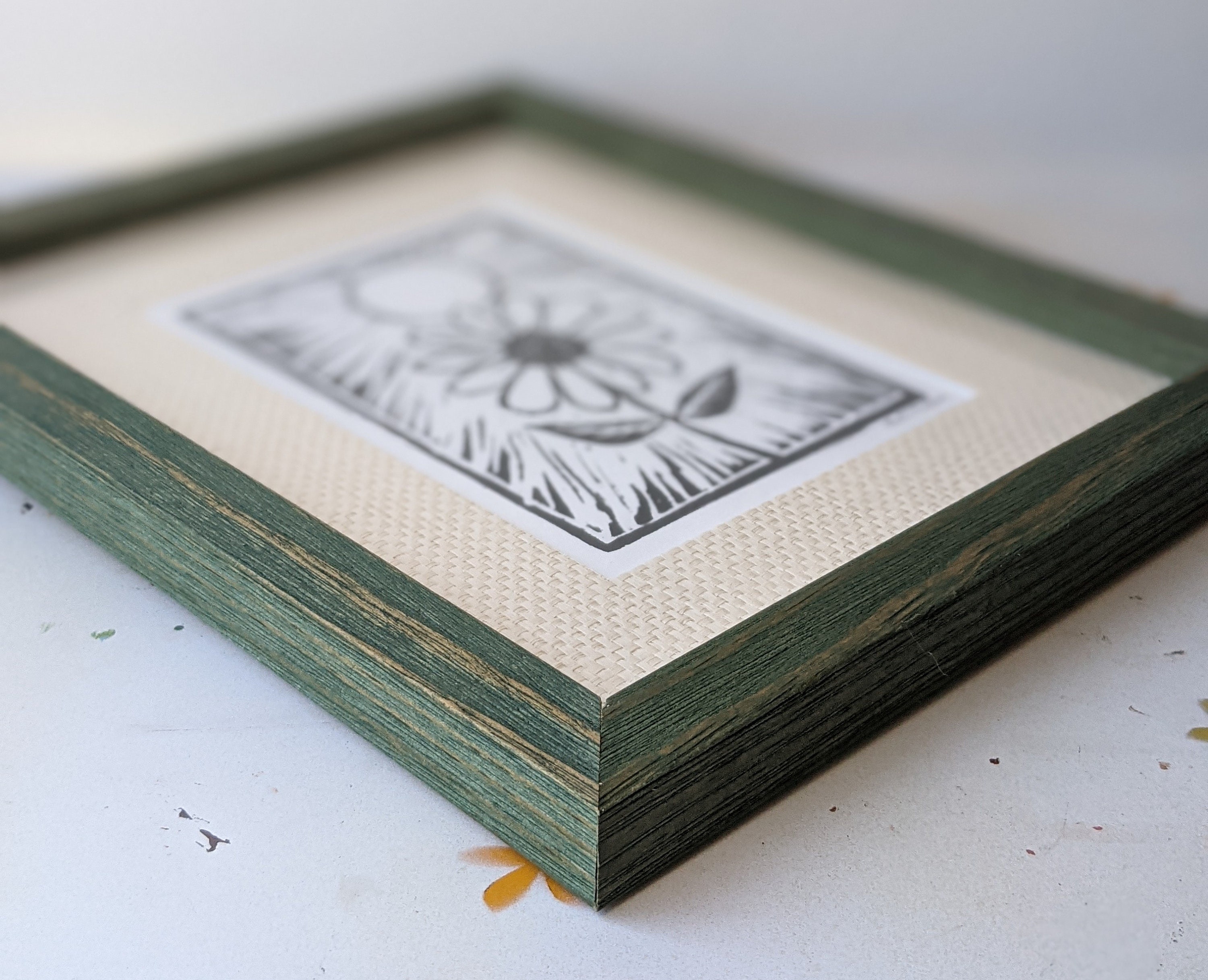 Daisy Linocut Print in Rustic Green Frame - Etsy