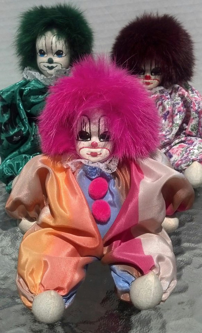 Handmade hand painted Sand Bag Clown Doll with Pink Rabbit fur | Etsy