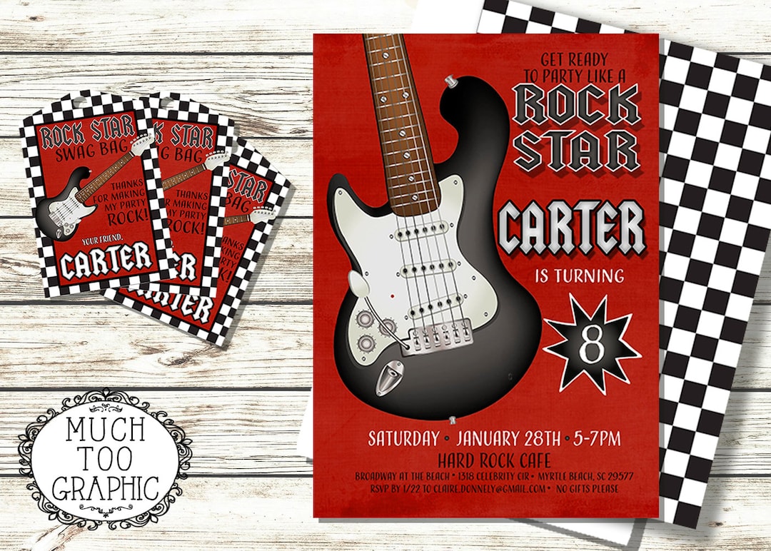 Rock Star Birthday Invitation Rock & Roll Party Red Black Electric ...