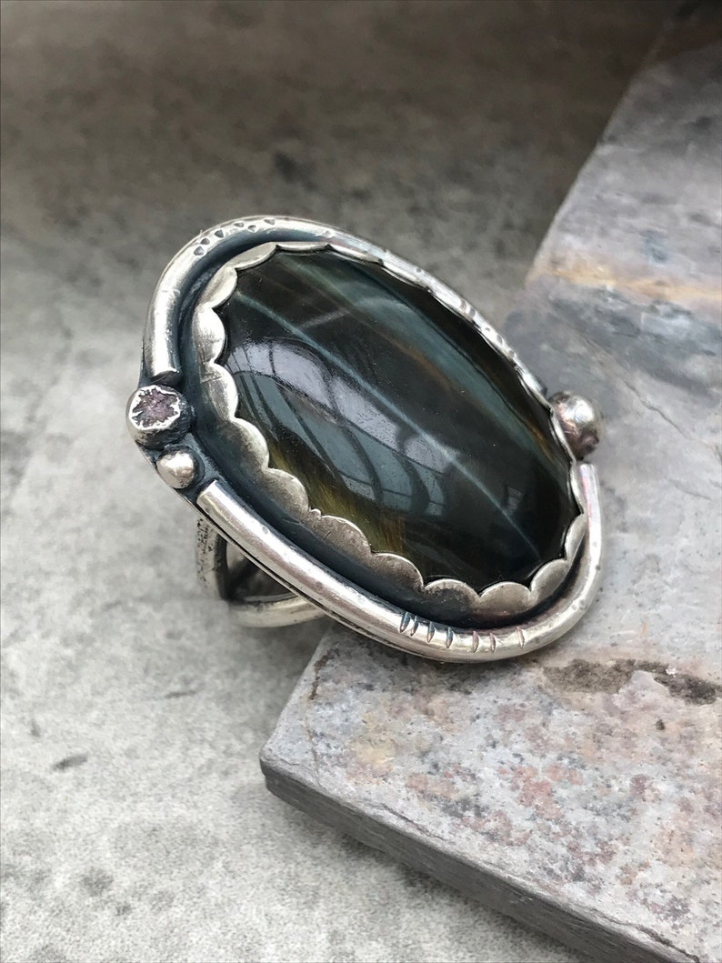 Blue tigers eye ring/big stone ring/rustic hand forged | Etsy